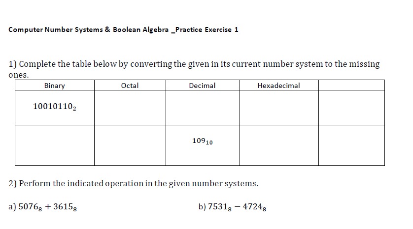 Solved Computer Number Systems And Boolean Algebra Practice 