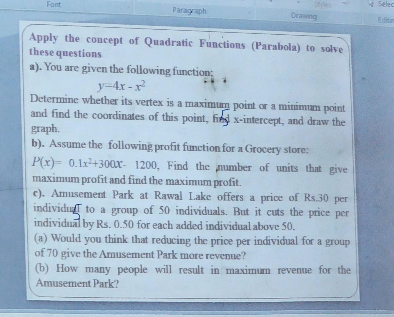 Solved Apply the concept of Quadratic Functions (Parabola) | Chegg.com
