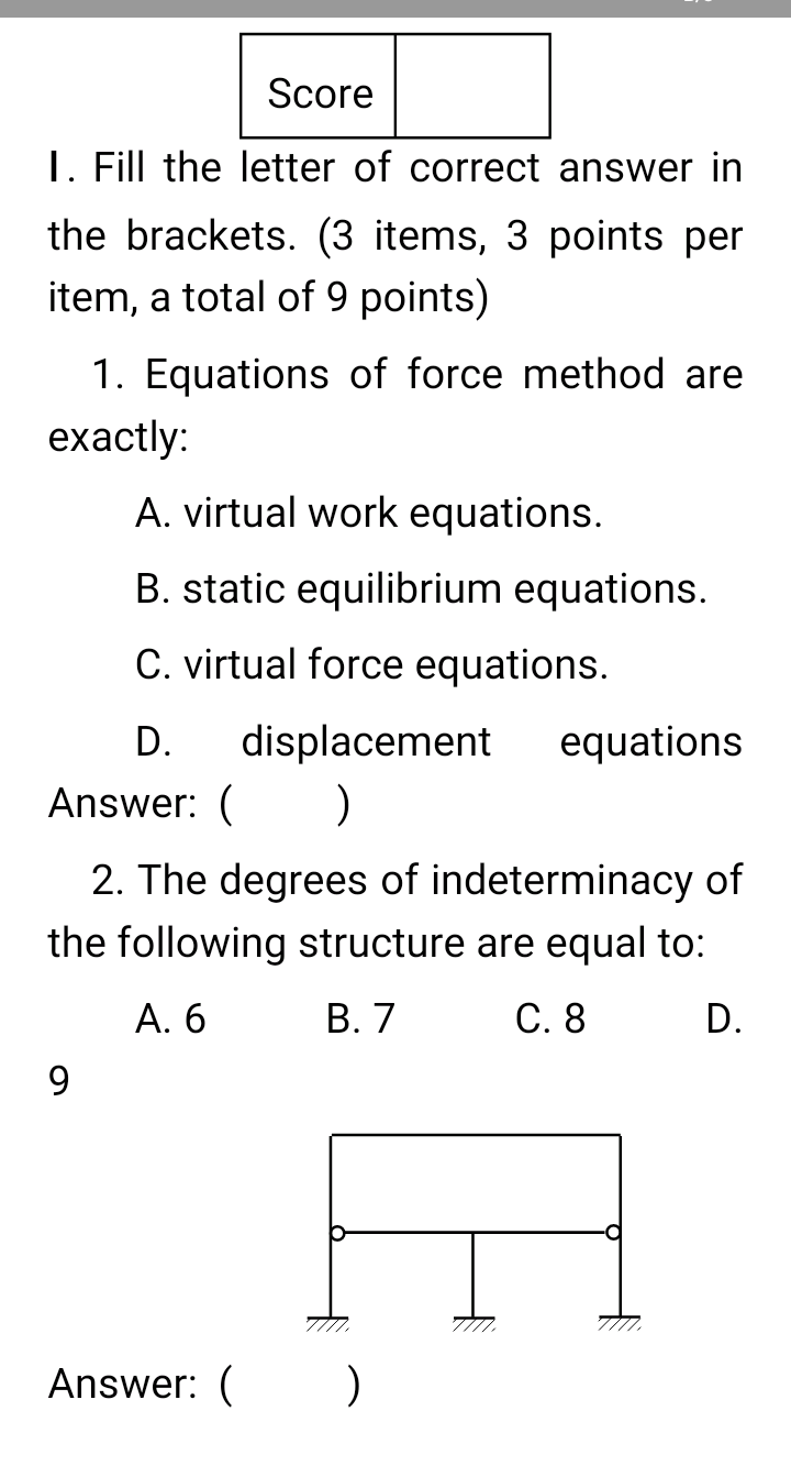 Solved I. Fill the letter of correct answer in the brackets. | Chegg.com