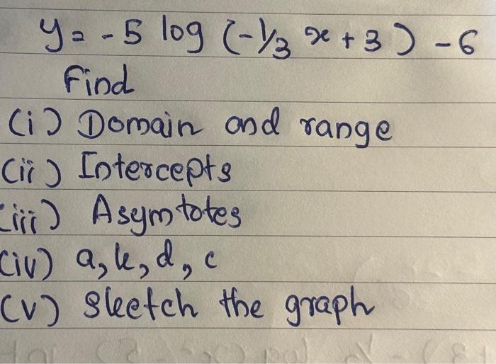 Solved y=−5log(−1/3x+3)−6 Find (i) Domain and range (ii) | Chegg.com
