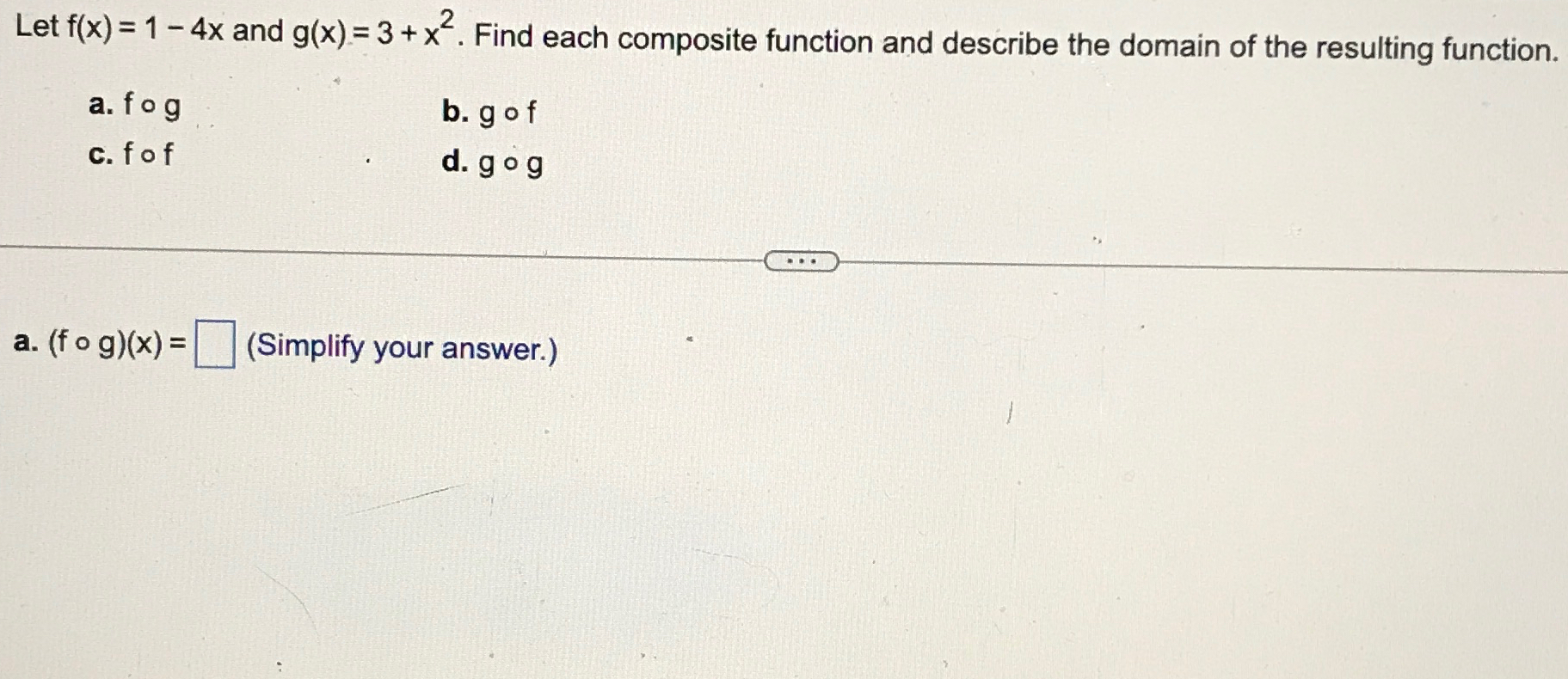 Solved Let f(x)=1-4x ﻿and g(x)=3+x2. ﻿Find each composite | Chegg.com