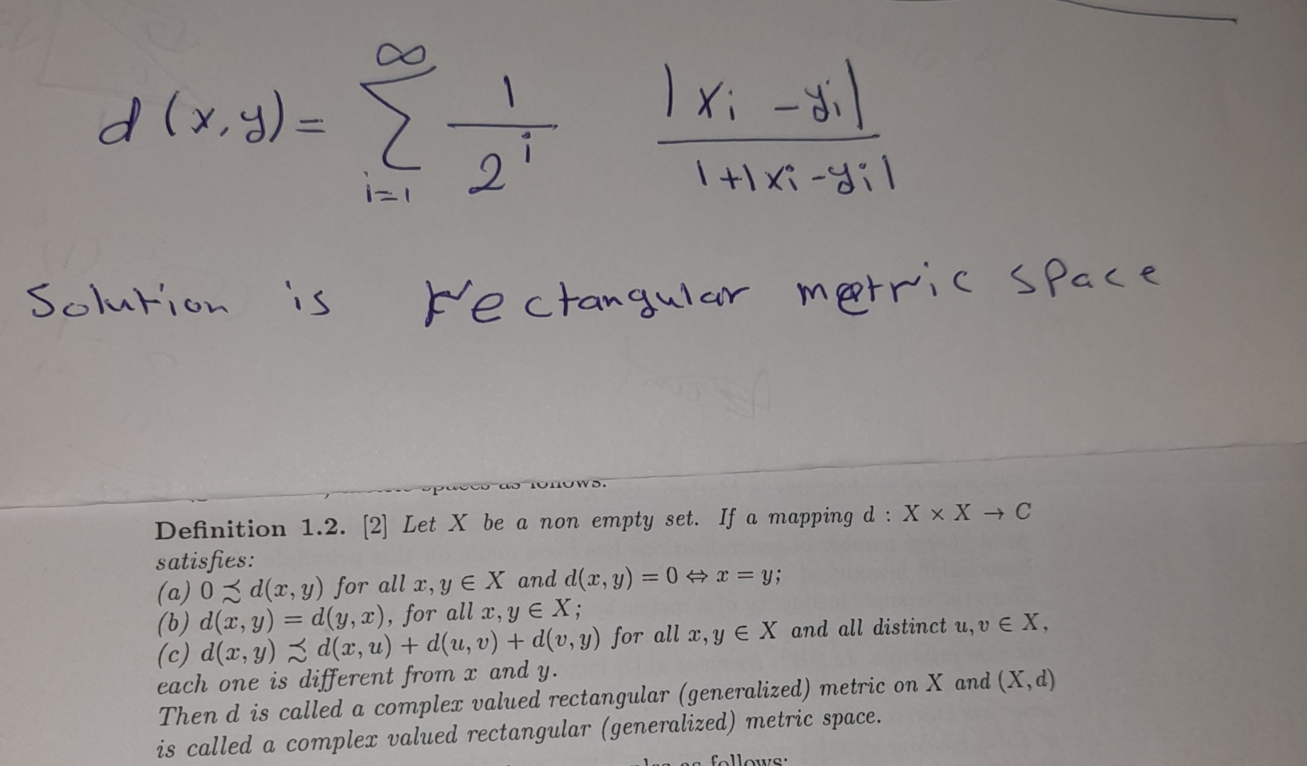 Solved d(x,y)=∑i=1∞12i|xi-yi|1+|xi-yi|Solution is | Chegg.com
