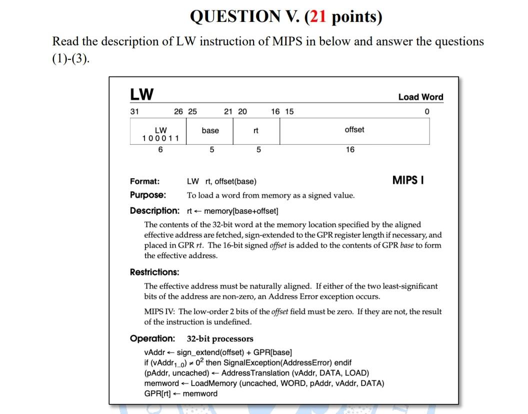QUESTION V. (21 points) Read the description of LW | Chegg.com