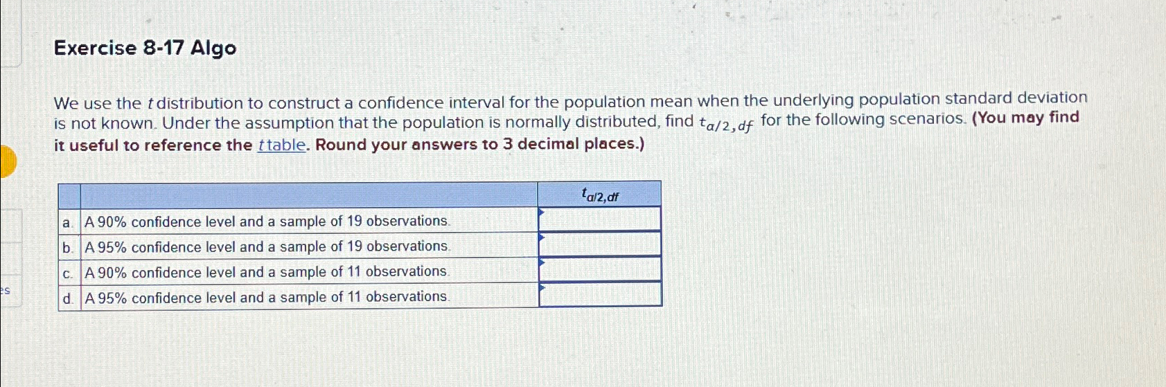 Exercise 8-17 ﻿AlgoWe use the t ﻿distribution to | Chegg.com