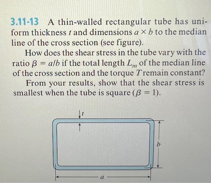 Solved 3.11-13 A thin-walled rectangular tube has uniform | Chegg.com