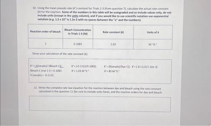 Solved 10. Using the mean pseudo rate ( k′ ) constant for | Chegg.com