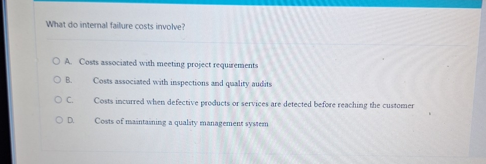 Solved What do internal failure costs involve?A. ﻿Costs | Chegg.com