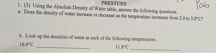 Solved PRESTUDY 1. (3) Using the Absolute Density of Water | Chegg.com