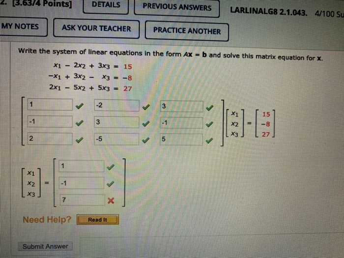 Solved 15.6574 Points] DETAILS PREVIOUS ANSWERS LARLINALG8 | Chegg.com