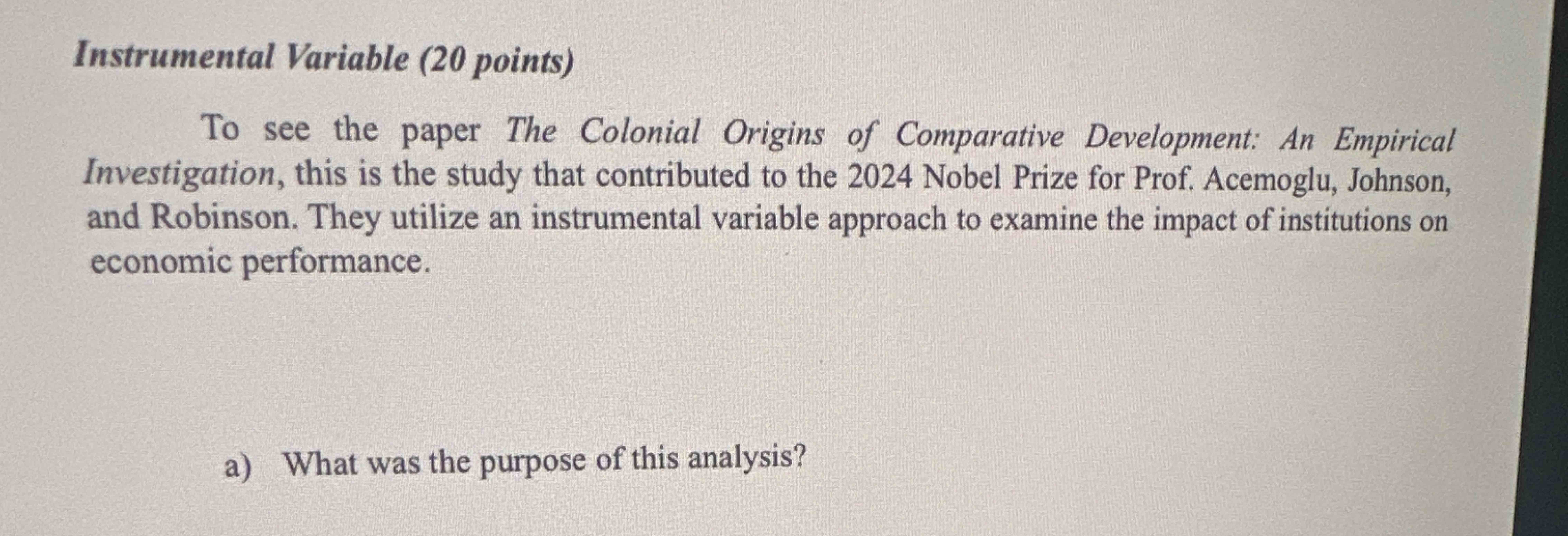 Solved Instrumental Variable (20 ﻿points)To see the paper | Chegg.com