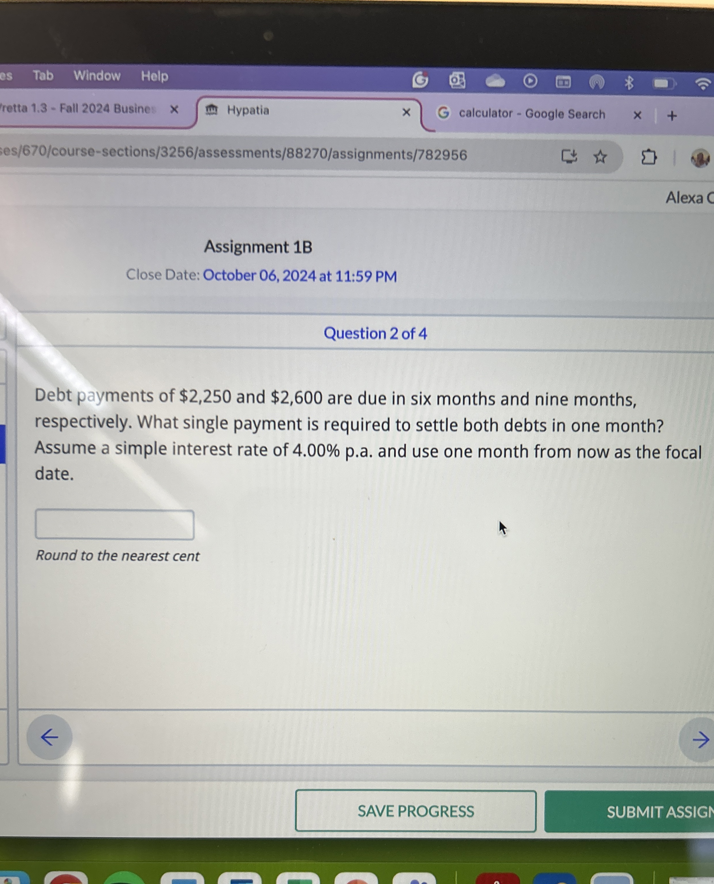 Solved Debt payments of $2,250 ﻿and $2,600 ﻿are due in six | Chegg.com