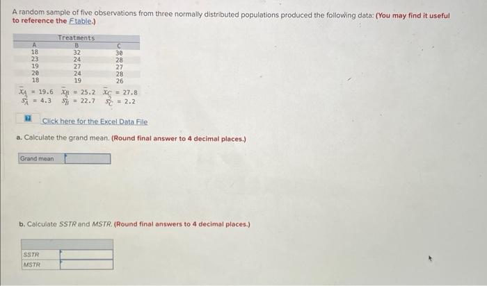 Solved A random sample of five observations from three | Chegg.com