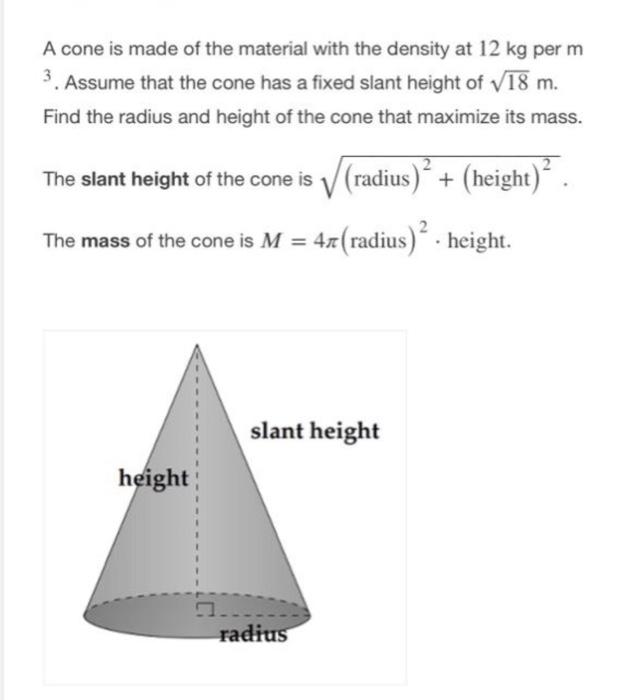 Solved A cone is made of the material with the density at 12 | Chegg.com