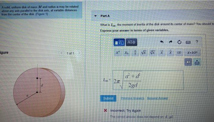 Solved A solid, uniform disk of mass M and radius a may be | Chegg.com