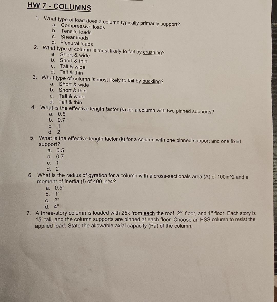 HW 7 - ﻿COLUMNSWhat type of load does a column | Chegg.com