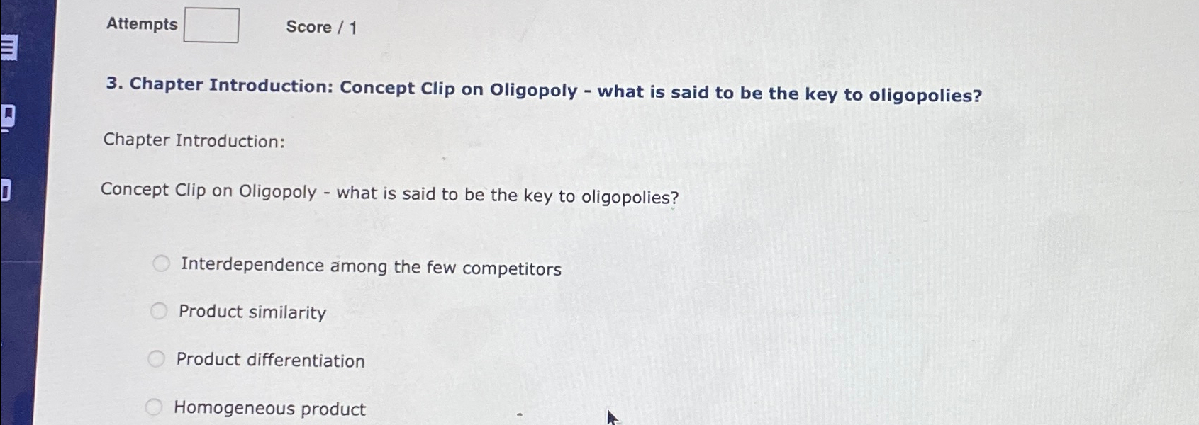 Solved AttemptsScore / 13. ﻿Chapter Introduction: Concept | Chegg.com