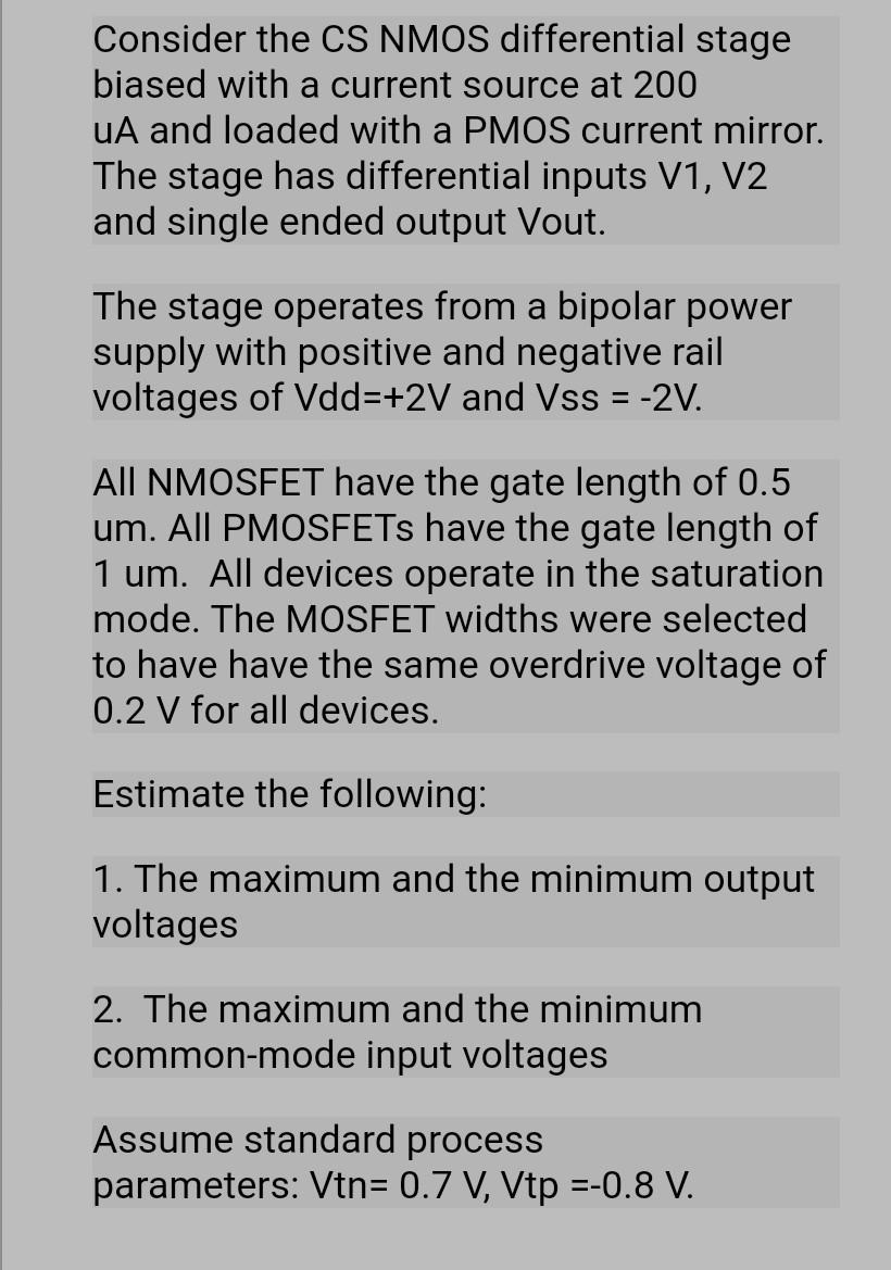 Solved Consider the CS NMOS differential stage biased with a | Chegg.com