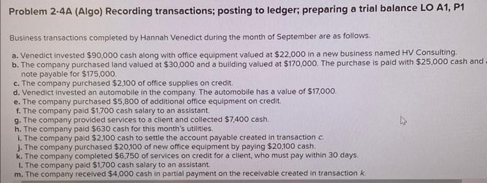 Solved Problem 2-4A (Algo) Recording transactions; posting | Chegg.com