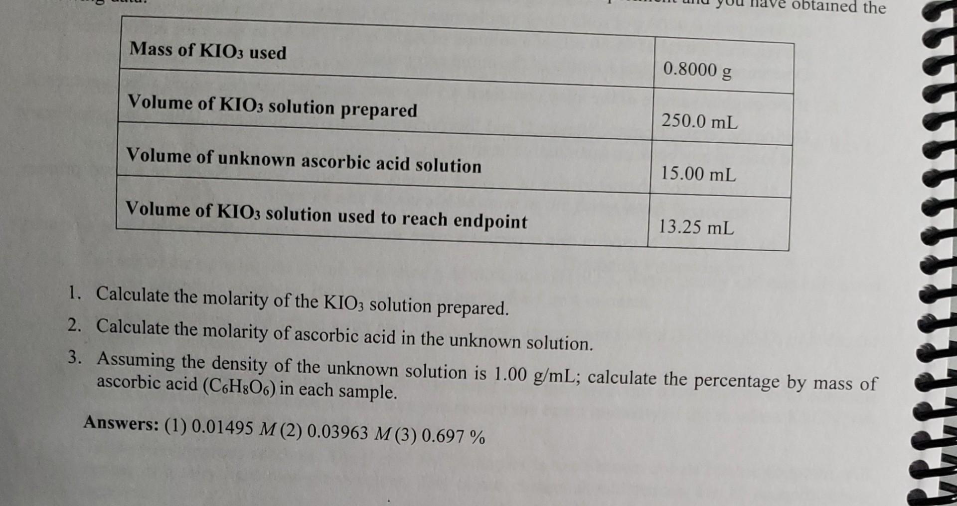Solved 1. Calculate the molarity of the KIO3 solution | Chegg.com