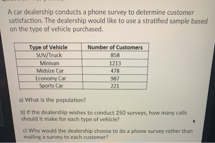Solved A car dealership conducts a phone survey to determine | Chegg.com
