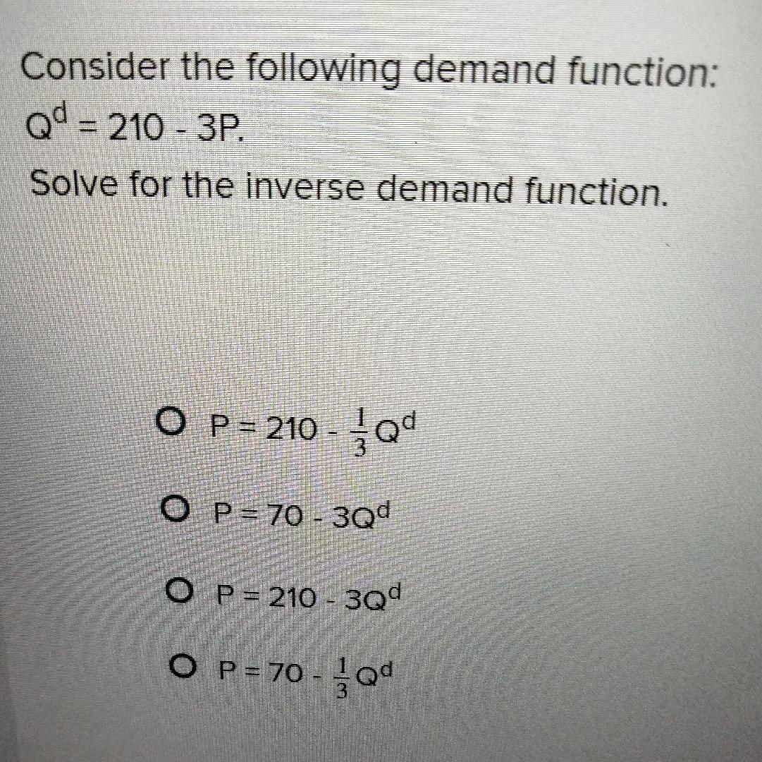 Solved Consider the following demand function:Qd=210-3P. | Chegg.com Solved Consider the following demand function:Qd=210-3P. | Chegg.com