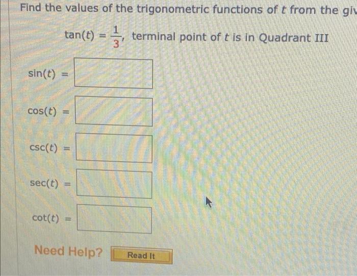 Solved Find the values of the trigonometric functions of t | Chegg.com