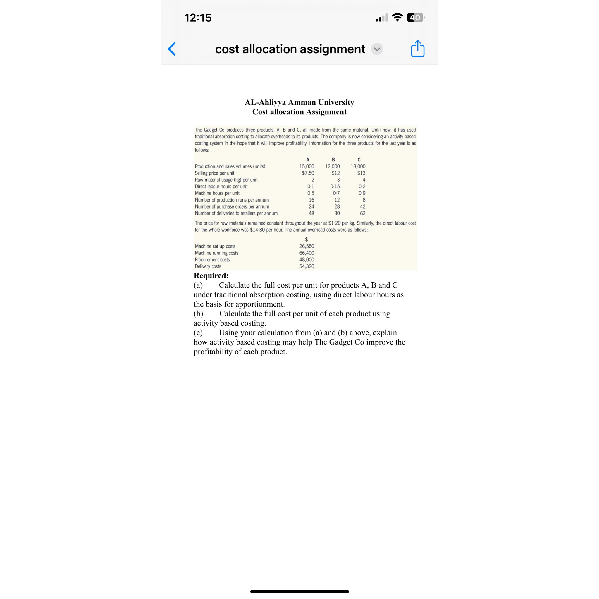 Solved 12:15\\ncost allocation assignment\\nAL-Ahliyya Amman | Chegg.com