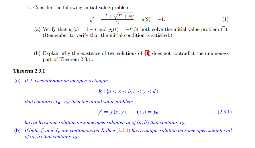 Solved (a) ﻿Verify that y1(t)=1-t ﻿and y2(t)=-t24 ﻿both | Chegg.com