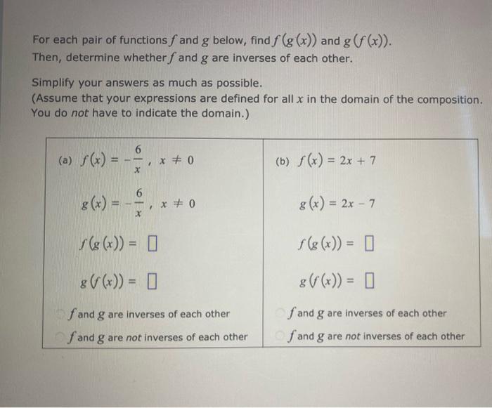 Solved For each pair of functions and g below, find f(g(x)) | Chegg.com