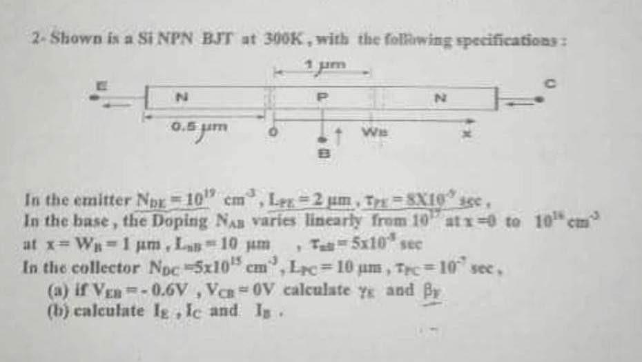Solved 2- Shown is a Si NPN BJT at 300 K, with the folawing | Chegg.com