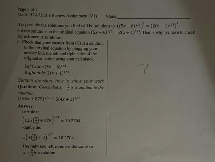 Solved Page 5 of 7 Math 112A Unit 1 Review Assignment (VI) | Chegg.com