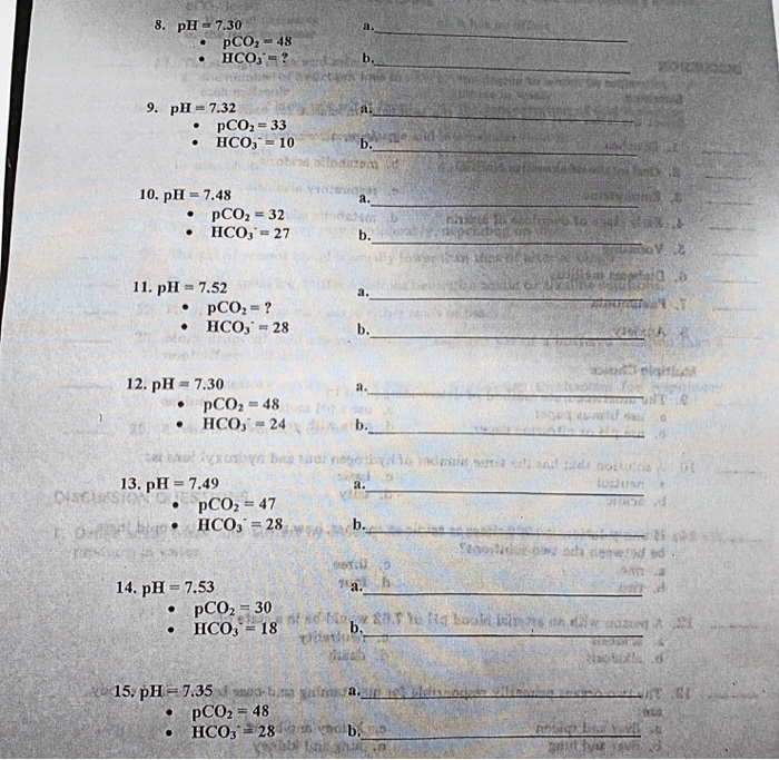 Solved 8. pH - 7.30 • pCO, -48 • HCO ? 9. pH 7.32 • PCO, - | Chegg.com