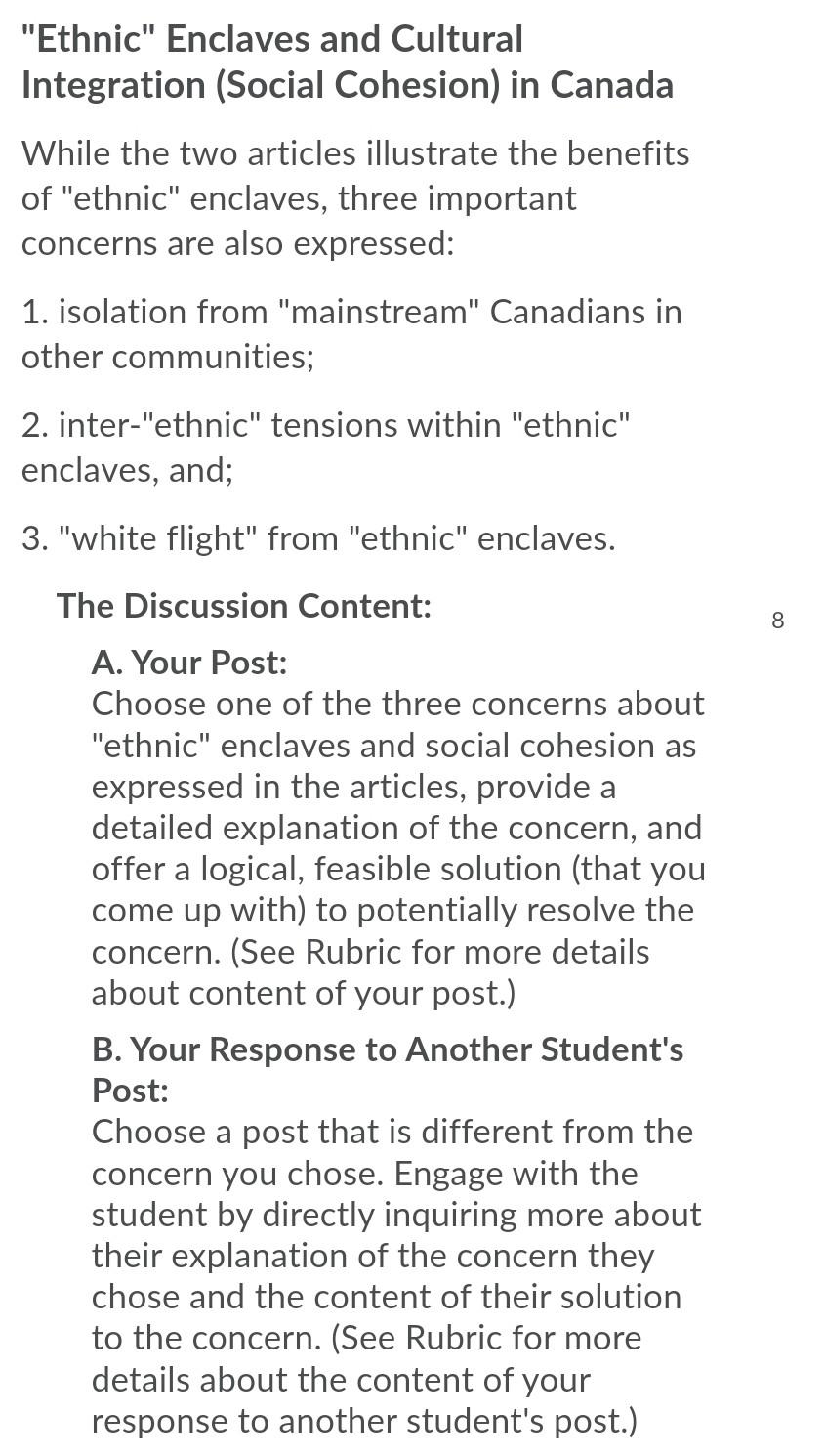 Solved "Ethnic" Enclaves and Cultural Integration (Social | Chegg.com