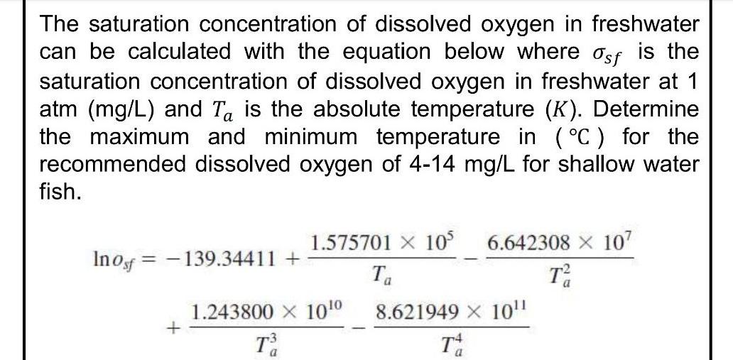 Solved The saturation concentration of dissolved oxygen in | Chegg.com