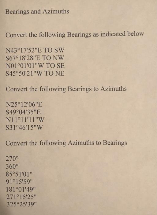 Solved Bearings and Azimuths Convert the following Bearings | Chegg.com