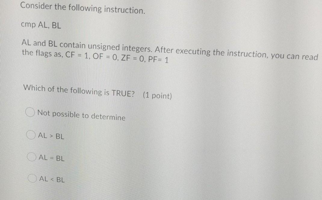 Solved Consider the following instruction. cmp AL, BL AL and | Chegg.com