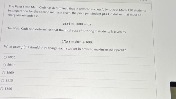 Solved The Penn State Math Club has determined that in order | Chegg.com
