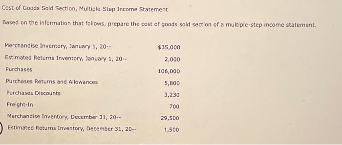 Solved Cost of Goods Sold Section, Multiple-Step Income | Chegg.com