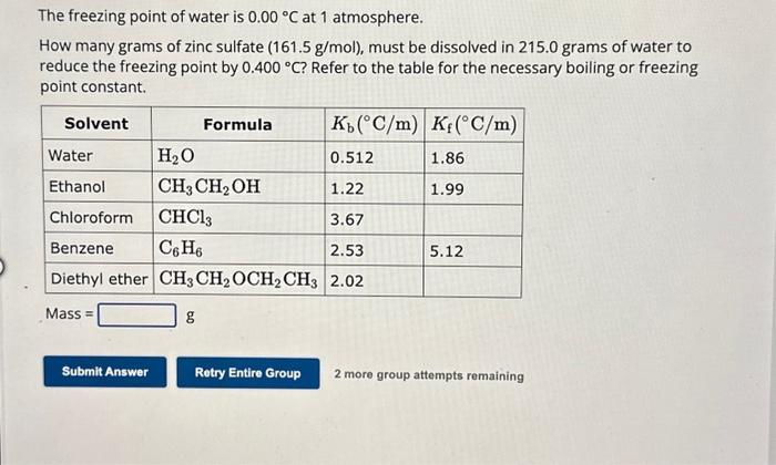 Solved The freezing point of water is 0.00 °C at 1 | Chegg.com