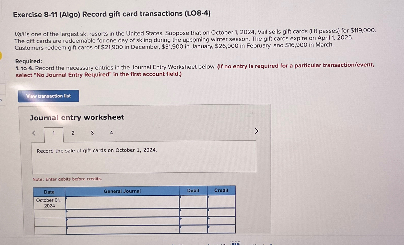 Solved Exercise 8-11 (Algo) ﻿Record gift card transactions | Chegg.com