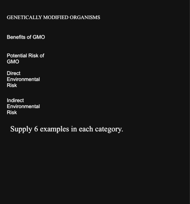 Solved GENETICALLY MODIFIED ORGANISMS Benefits of GMO | Chegg.com