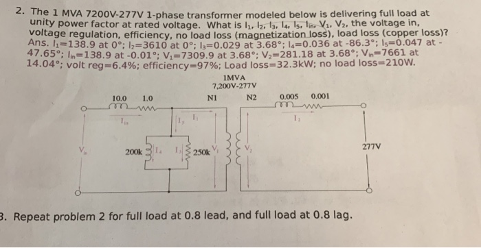 Solved 2. The 1 MVA 7200V-277V 1-phase transformer modeled | Chegg.com