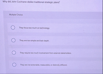 Solved Why did John Cochrane dislike traditional strategic | Chegg.com