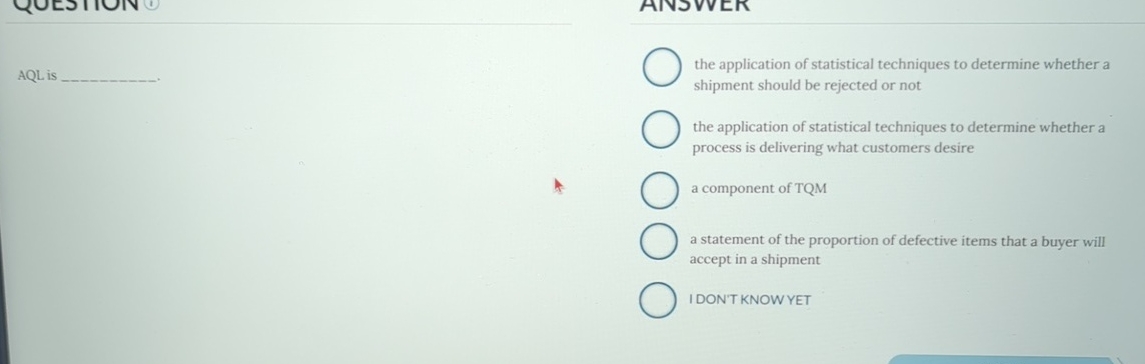 Solved AQL isthe application of statistical techniques to | Chegg.com