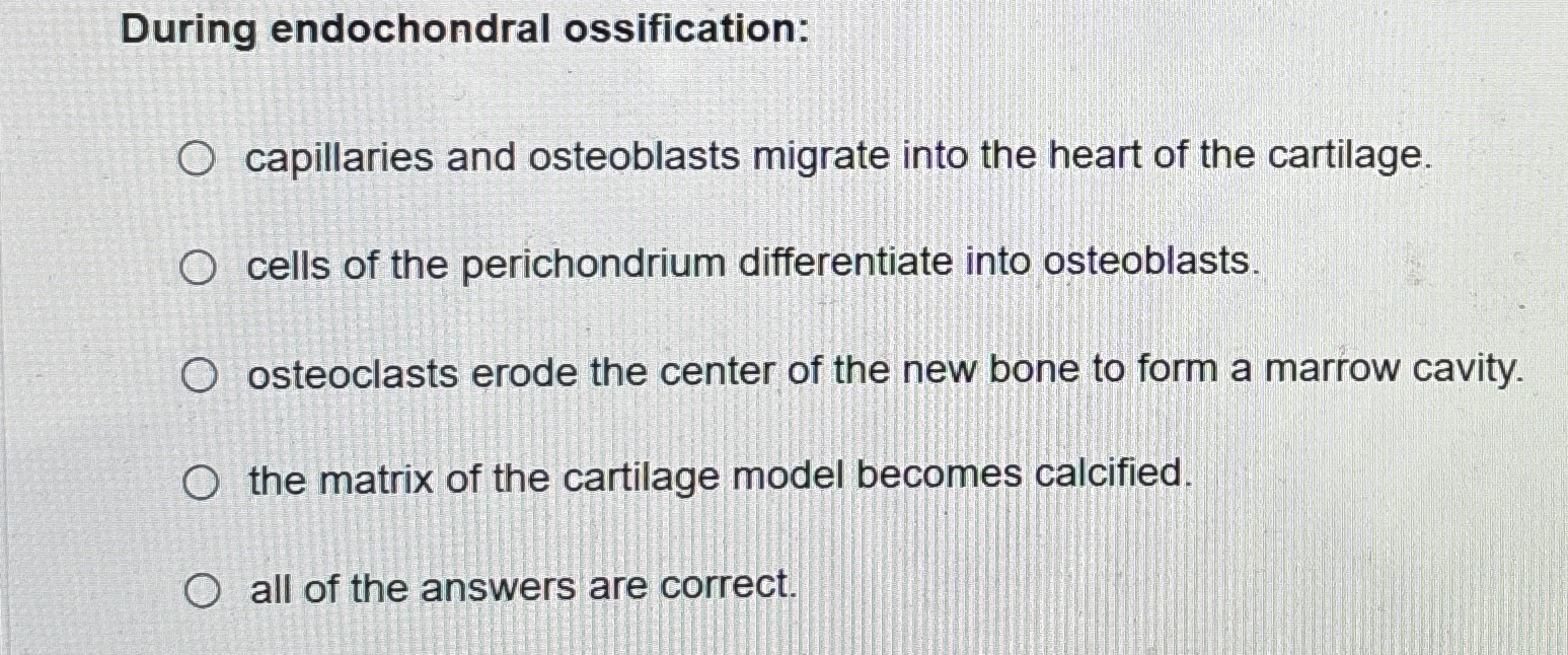 Solved During endochondral ossification:capillaries and | Chegg.com