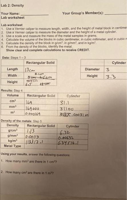 Solved Lab 2: Density Your Name: Your Group's Member(s): Lab | Chegg.com