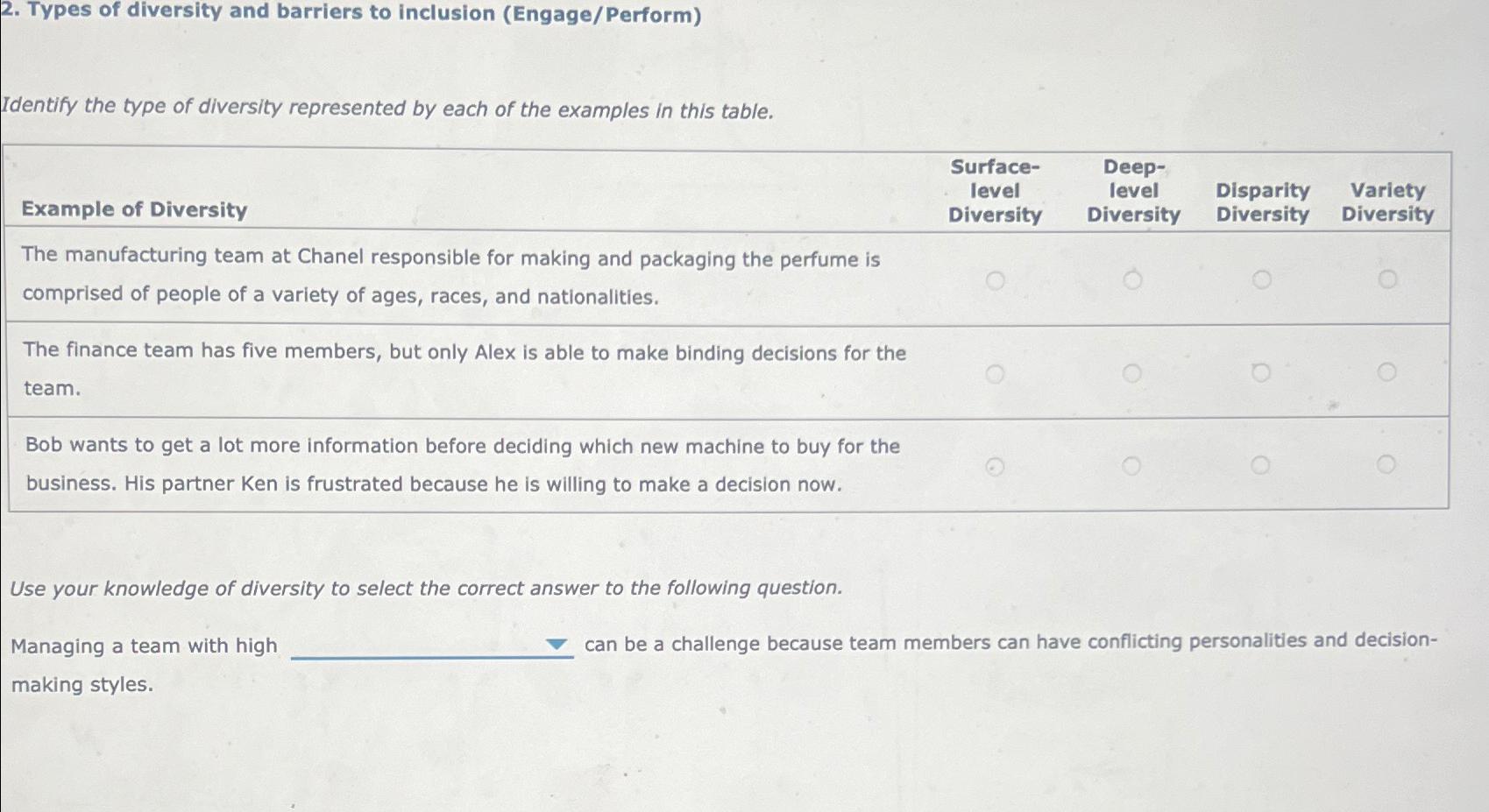 Solved Types of diversity and barriers to inclusion | Chegg.com