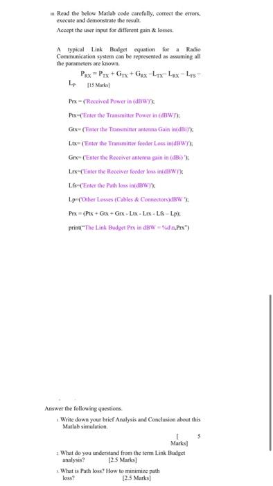Solved iii. Read the below Matlab code carefully, cocrect | Chegg.com