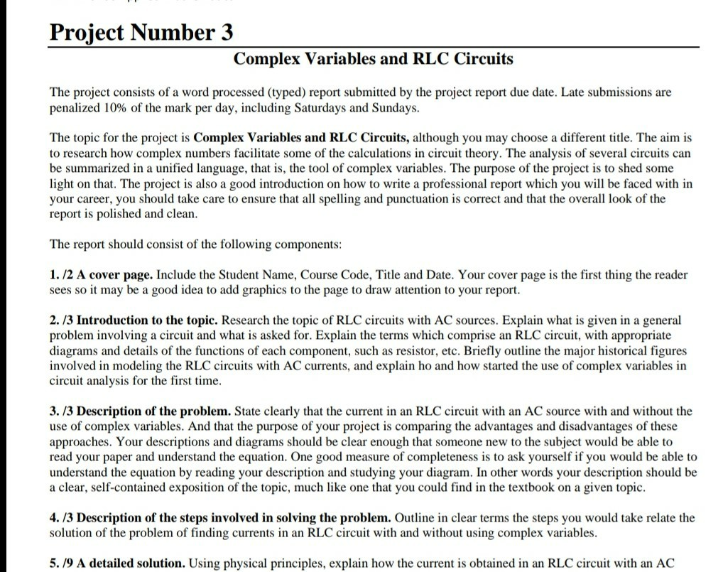 Project Number 3 Complex Variables and RLC Circuits | Chegg.com