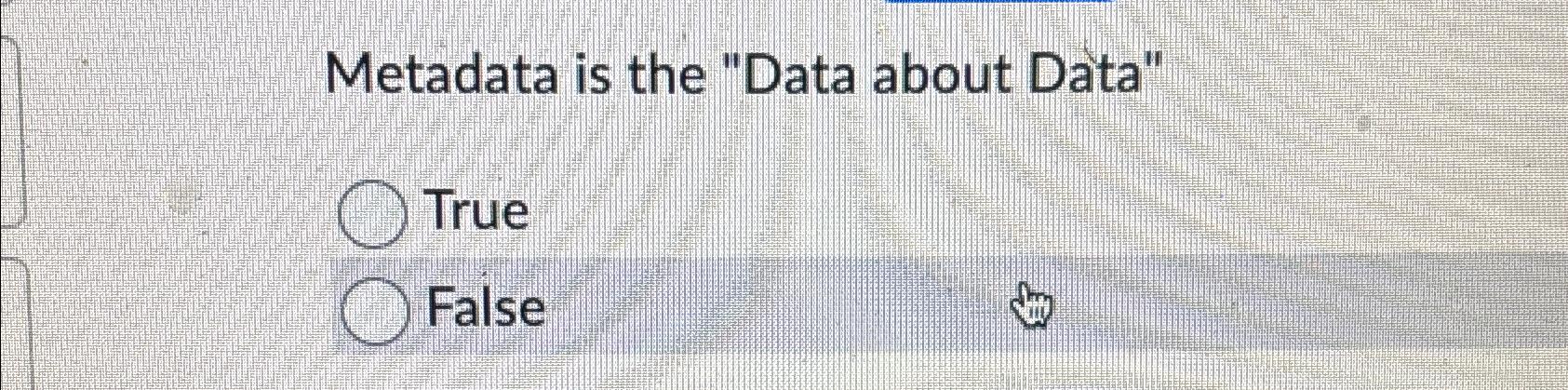 Solved Metadata is the "Data about Data"TrueFalse | Chegg.com